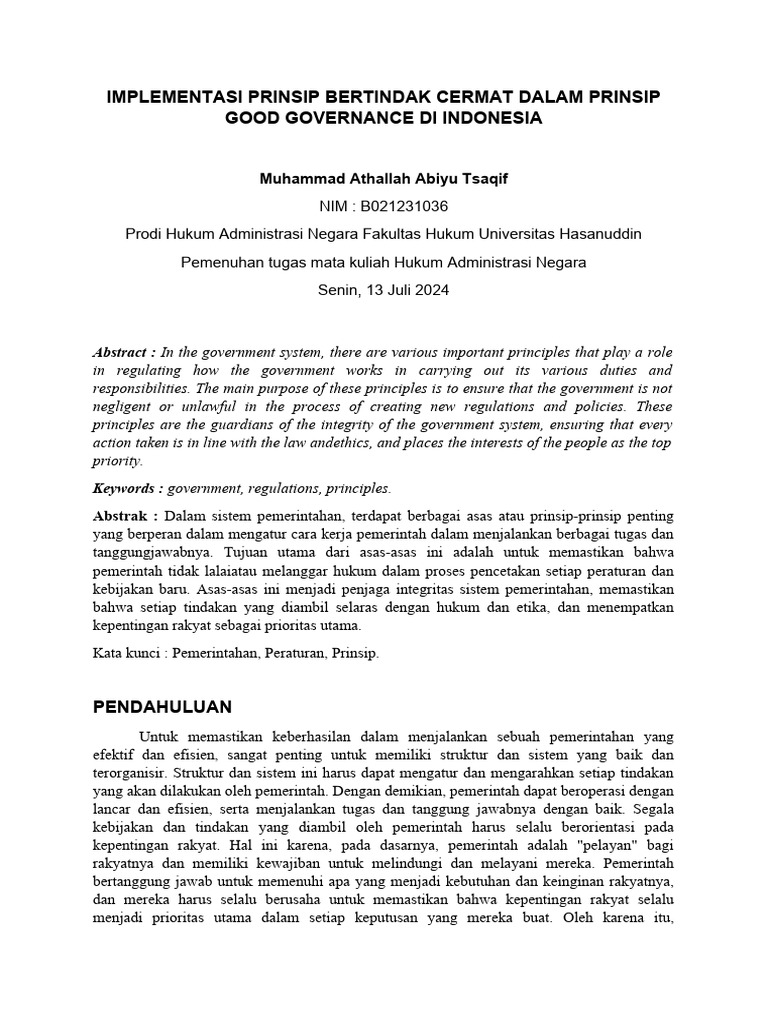 Implementasi Prinsip Bertindak Cermat Dalam Prinsip Good Governance Di Indonesia | PDF