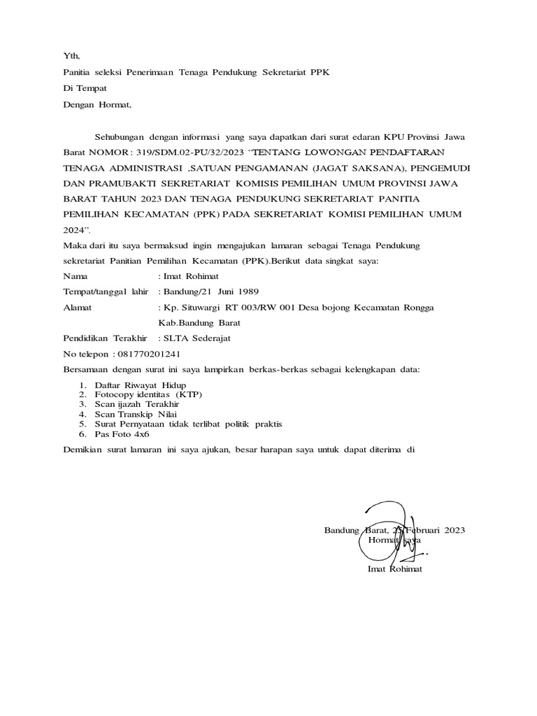 Lamaran Tenaga Pendukung (Imat Rohimat) | PDF