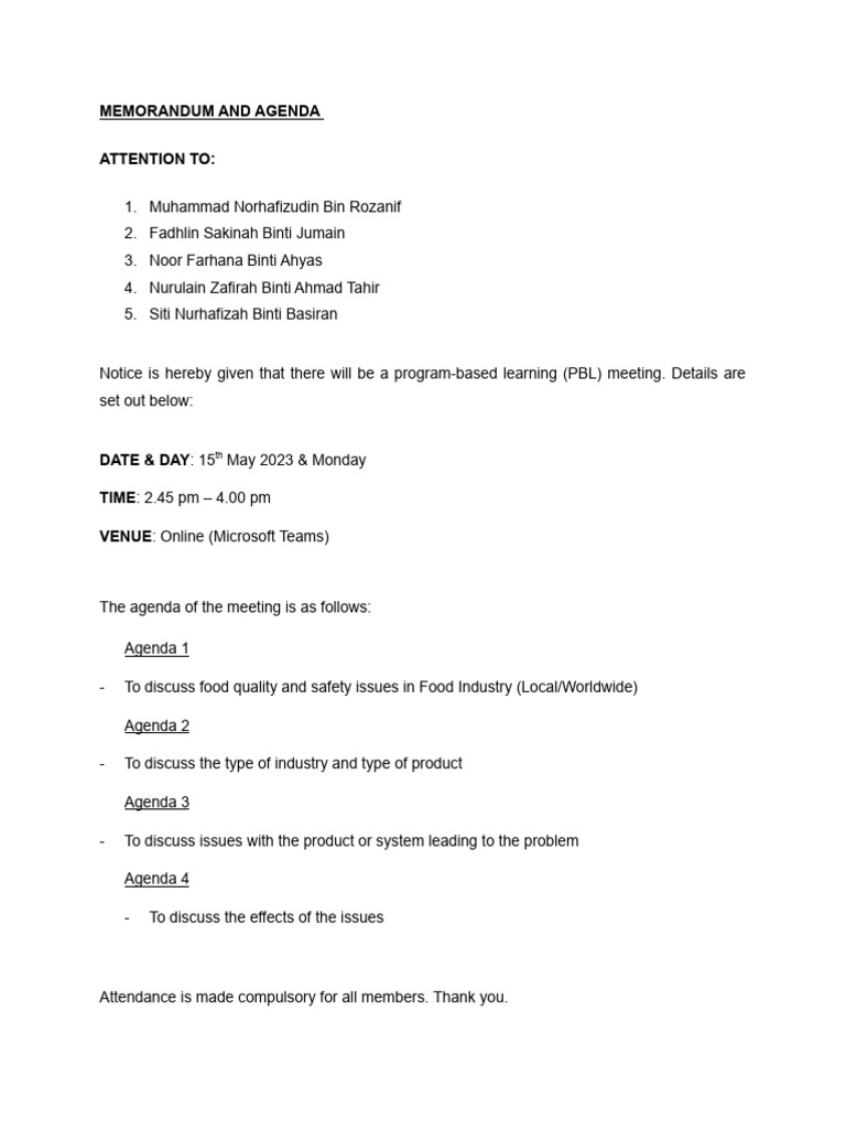 Food Safety Meeting Agenda and Minutes | PDF