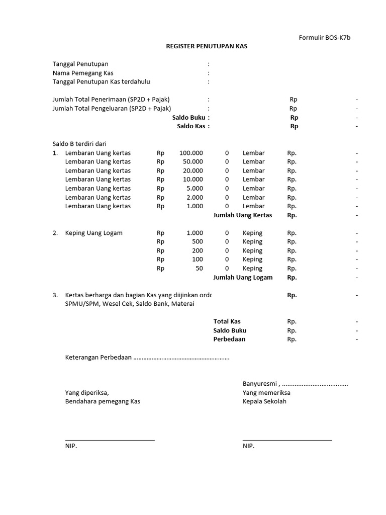 Formulir Penutupan Kas BOS-K7b | PDF