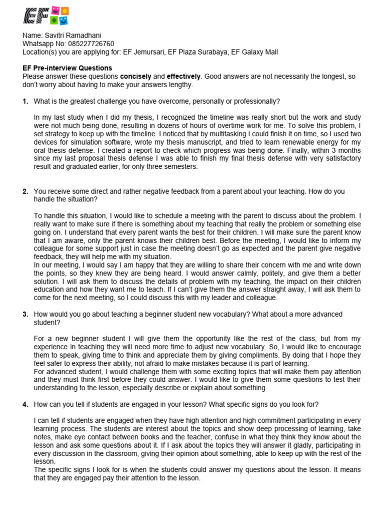 Pre-Interview Questions 5.0 | PDF | Learning | Experience