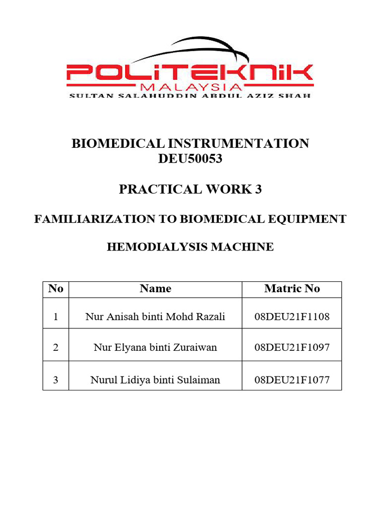 Labsheet 3 (Hemodialysis Macine) Biomedical Instrumentation | PDF | Hemodialysis | Medicine