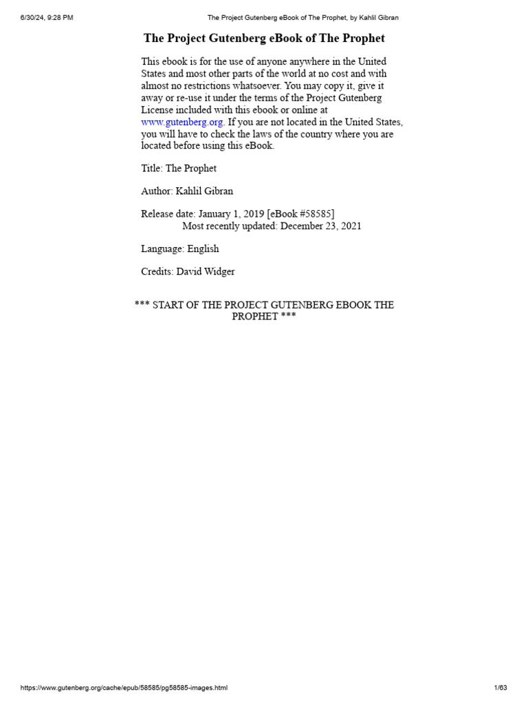The Project Gutenberg Ebook of The Prophet, by Kahlil Gibran | PDF ...