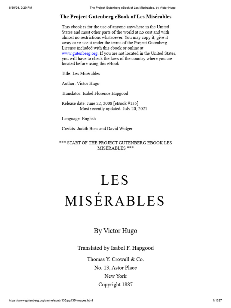 The Project Gutenberg Ebook of Les Misérables, by Victor Hugo | PDF | Les Misérables | Cosette