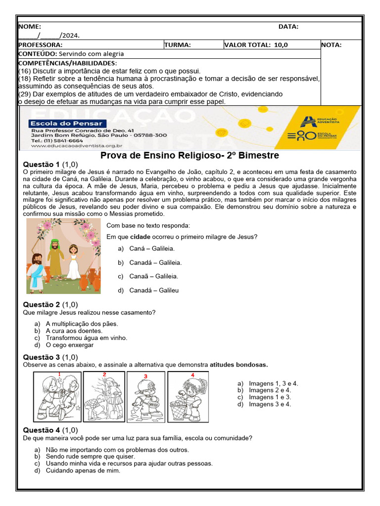 Prova Ensino Religioso 4 Ano C | PDF | Jesus | Maria, mãe de Jesus