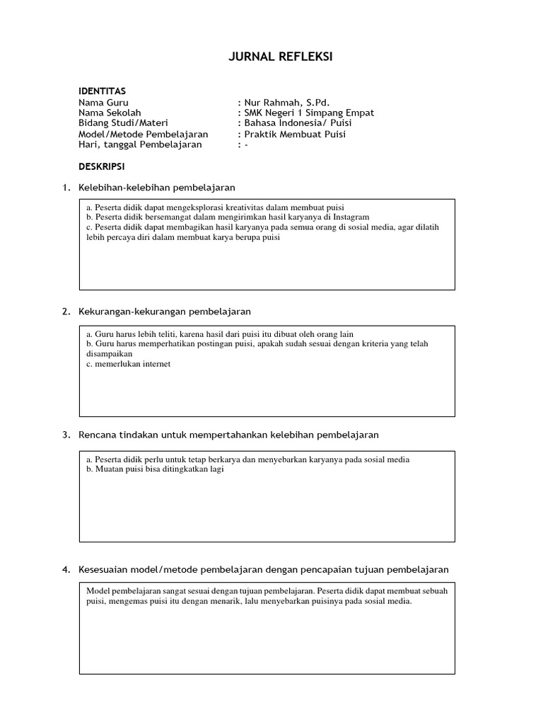 Jurnal Refleksi Guru-Nur Rahmah | PDF | Karier & Perkembangan
