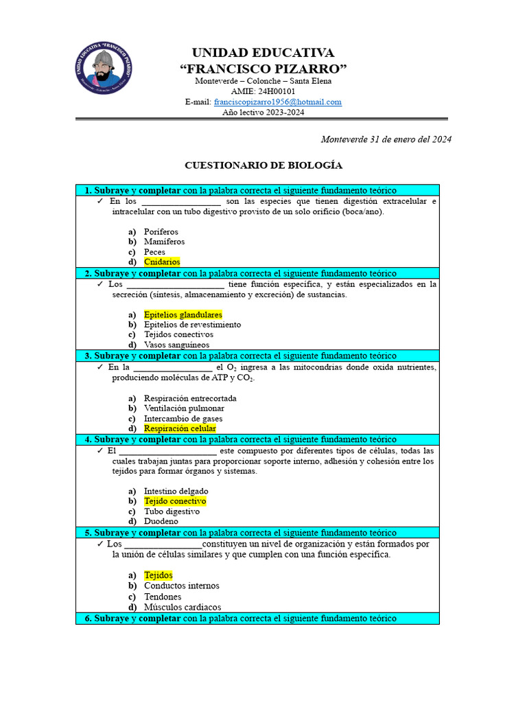 Cuestionario de Biologia - Sin Respuestas | PDF | Estómago | Digestión