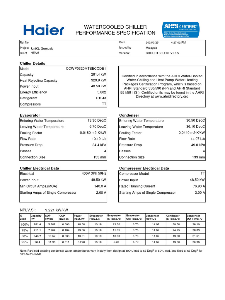 Haier Magnetic Chiller. AHRI Report-CCWP0320MTBECCDE1-20210325-164027 ...