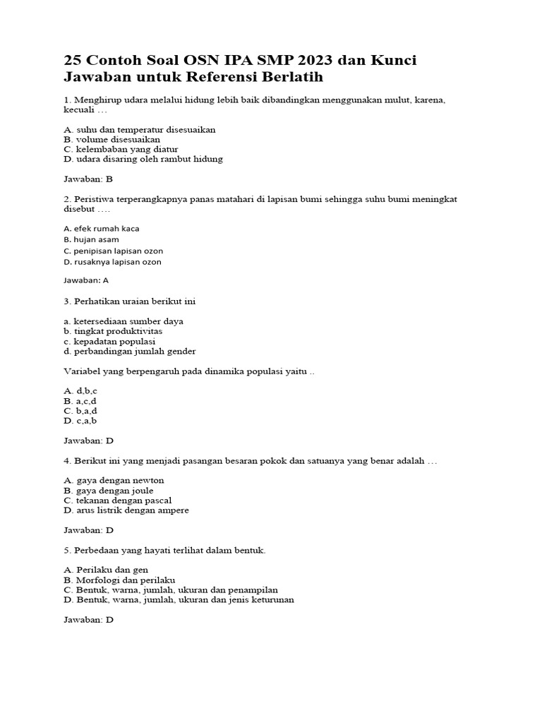 25 Contoh Soal OSN IPA SMP 2023 Dan Kunci Jawaban Untuk Referensi Berlatih | PDF