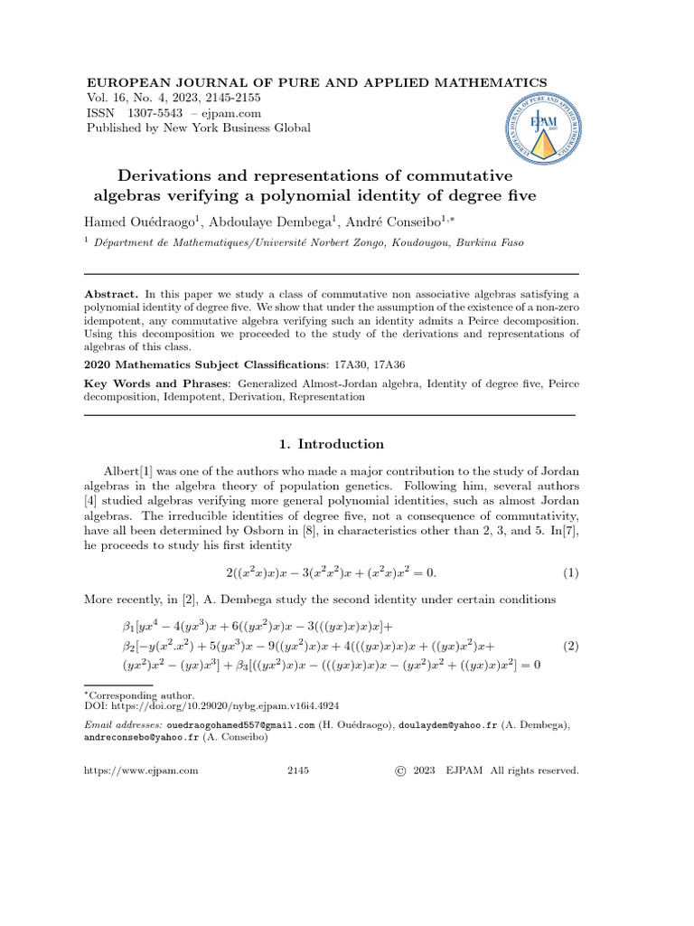 Derivations and Representations of Commutative Algebras Verifying A Polynomial Identity of ...