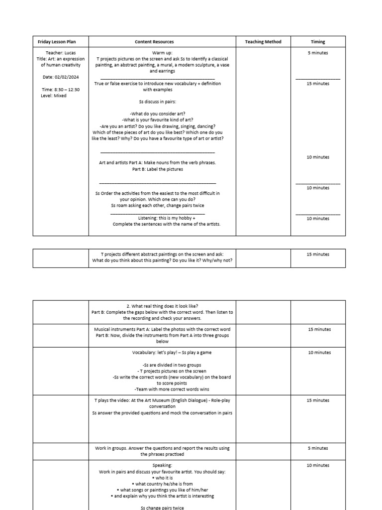 Friday Lesson Plan 02 Feb | PDF | Paintings | Grammar
