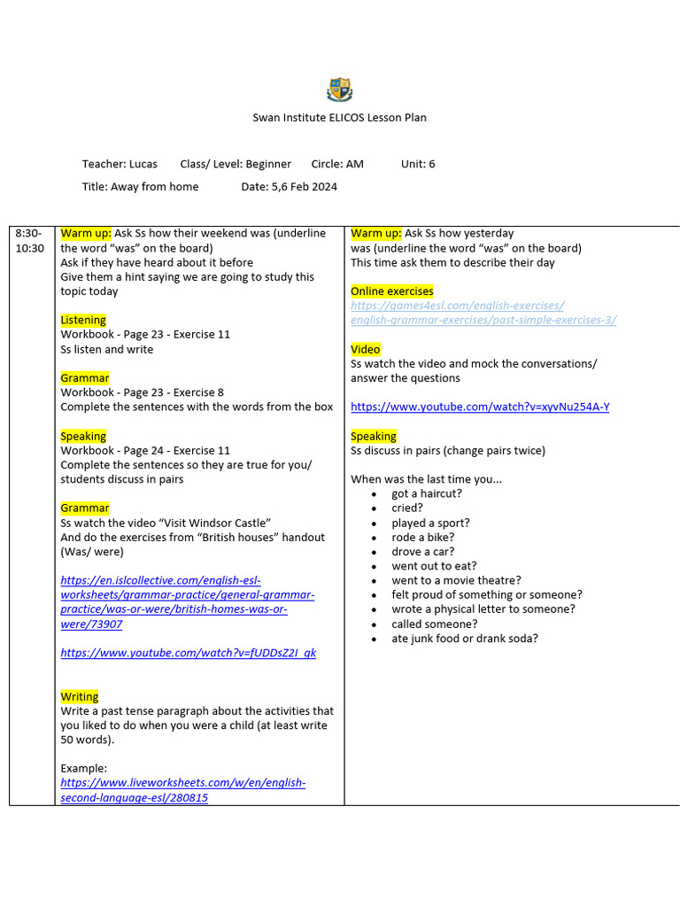 LessonPlan 5 6 Feb | PDF | Grammatical Tense | Syntax