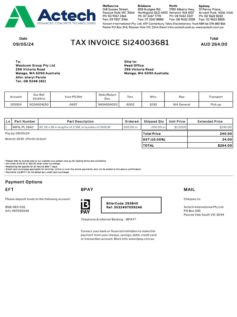 Invoice SI24003681 - Actech | PDF | Payments | Personal Finance