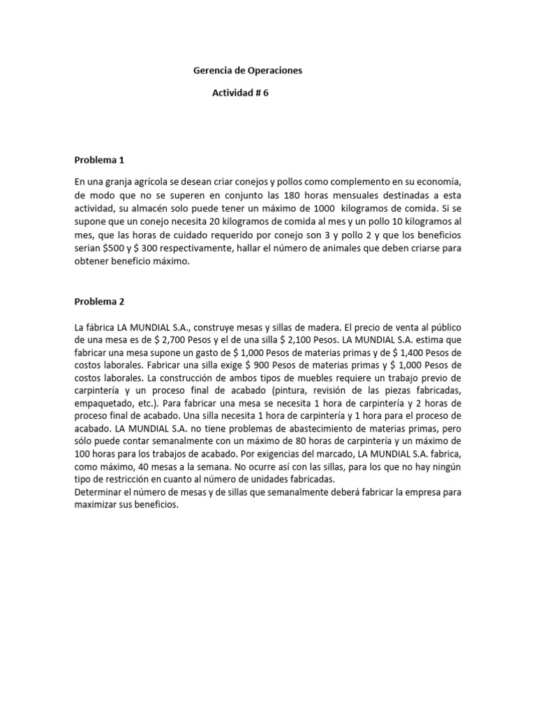 Actividad # 6 Ejercicios de Programacion Lineal | PDF Actividad # 6 Ejercicios de Programacion Lineal | PDF