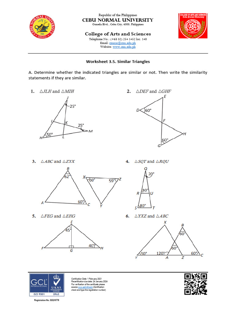 Template - Worksheet 3.5. Similar Triangles | PDF | Triangle ...