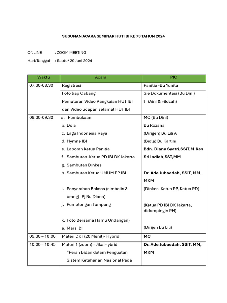 Susunan Acara Zoom Hut Ibi Dki | PDF
