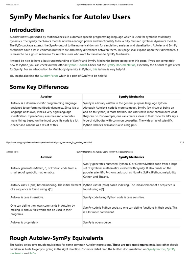 Transition Guide: Autolev to SymPy | PDF | Python (Programming Language ...