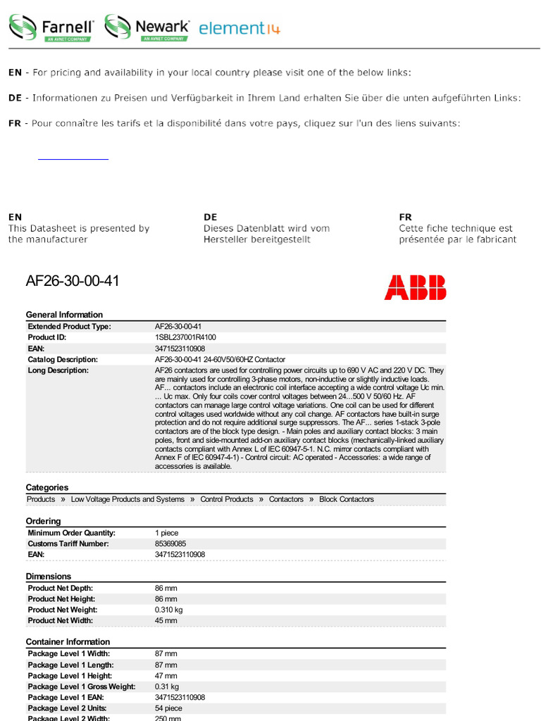 ABB Contactor | PDF | Insulator (Electricity) | Inductor