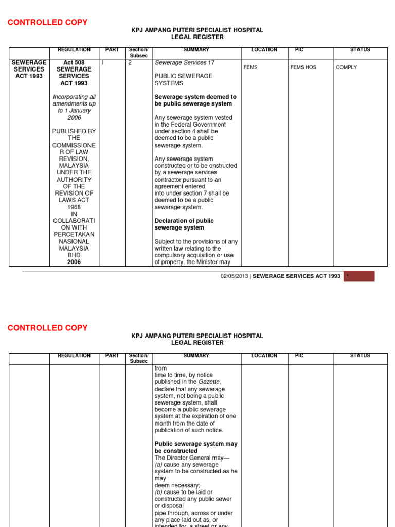 FEMS Sewerage Services Act 1993 | PDF | Sanitary Sewer | Sewage Treatment