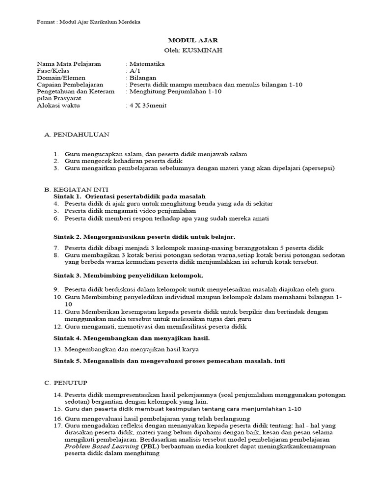 Modul Ajar KLS 1 Kus | PDF
