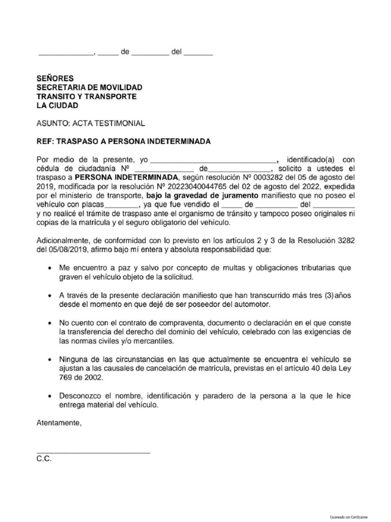 Carta Traspaso Indeterminado Actualizada | PDF