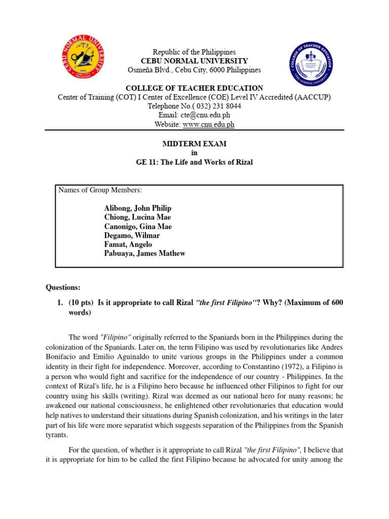 The Life and Works of Rizal (MIDTERM EXAM - GROUP 2) | PDF | Philippines