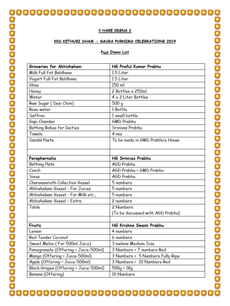 Gaura Purnima 2019 Puja Items List | PDF | Foods