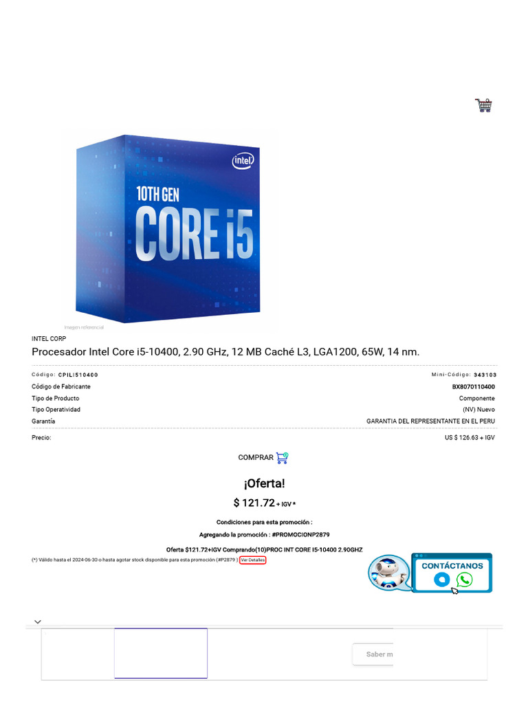 Procesador Intel Core I5-10400, 2.90 GHZ, 12 MB Caché L3, LGA1200, 65W ...