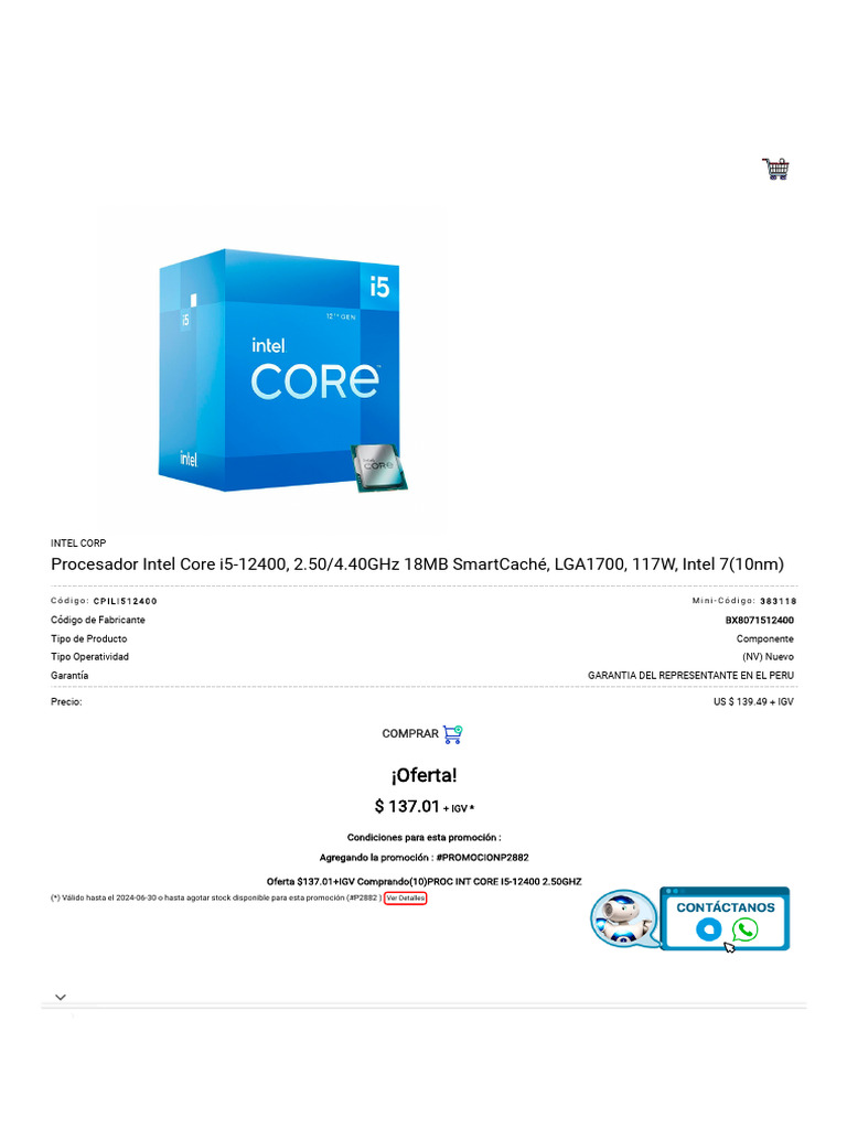 Procesador Intel Core I5-12400, 2.50 - 4.40GHz 18MB SmartCaché, LGA1700 ...