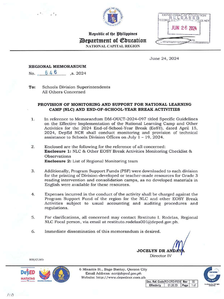 RM No. 646 S. 2024 - Provision of Monitoring and Support For National ...