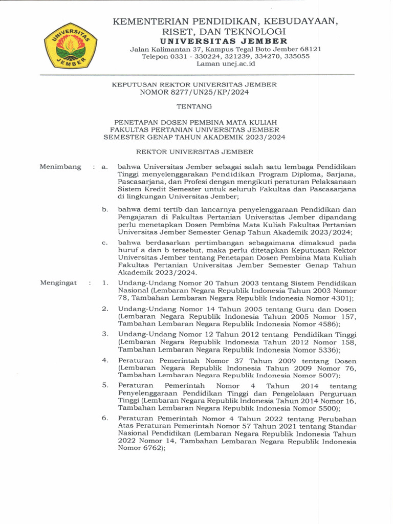 8277 - SK Rektor UNEJ Tentang Beban Mengajar Semester Genap 2324 | PDF