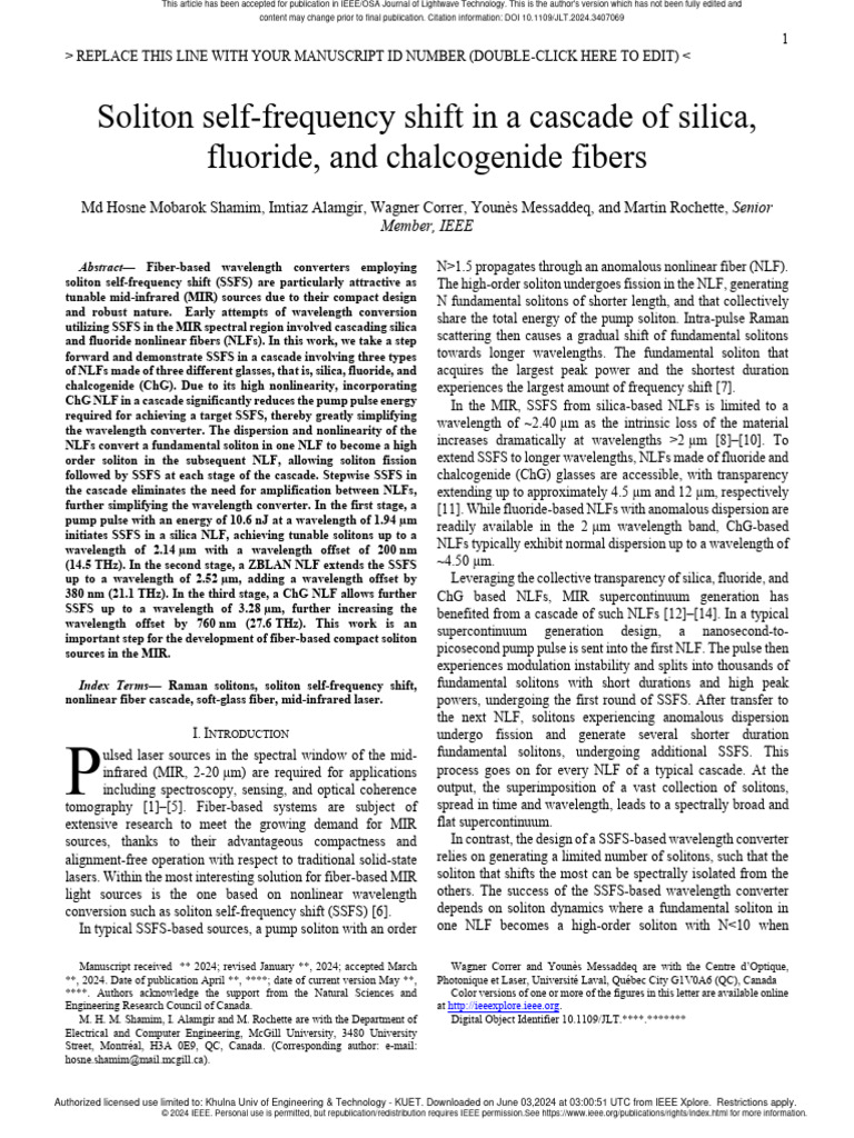 Soliton Self-Frequency Shift in A Cascade of Silica Fluoride and Chalcogenide Fibers | PDF ...