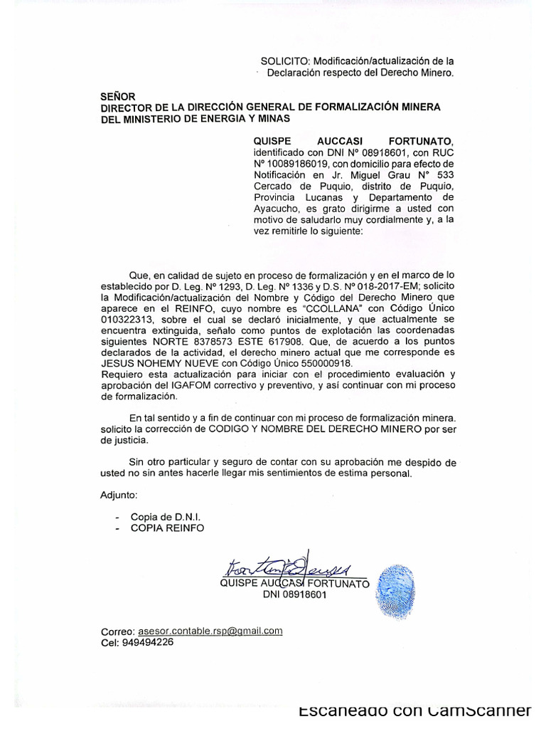 Solicitud Actulizacion de Derecho Minero Dirigido A DGFM | PDF