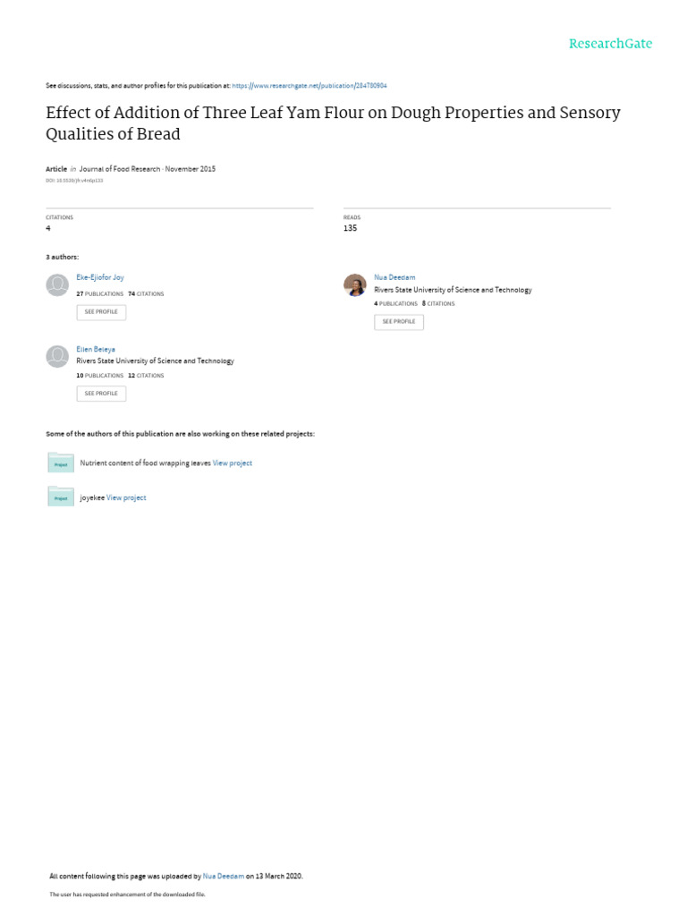 Effect of Addition of Three Leaf Yam Flour On Doug | PDF | Breads | Flour