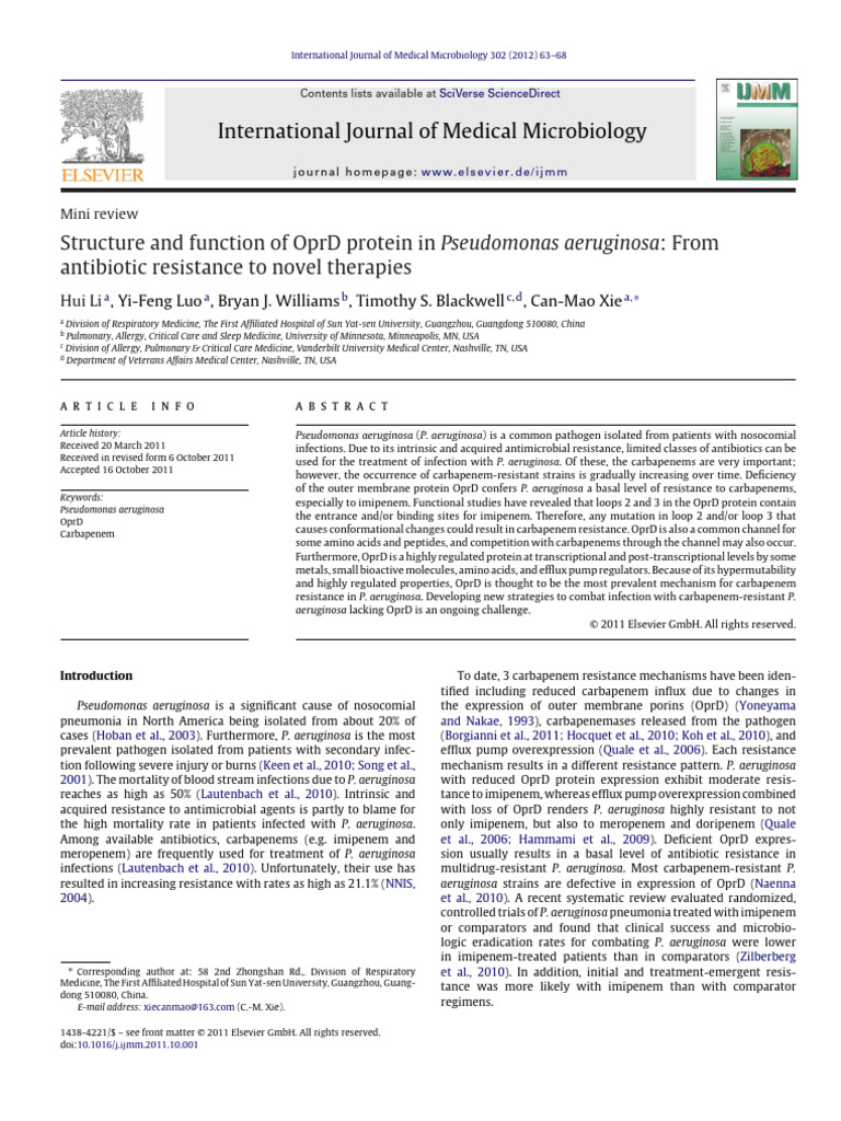 Structure and Function of OprD Protein in Pseudomonas Aeruginosa - From ...
