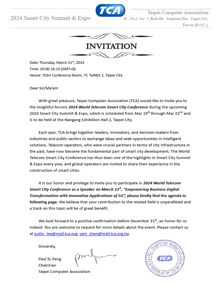 4 Formal Invitation Letter 2024 World Telecom Smart City Conference ...