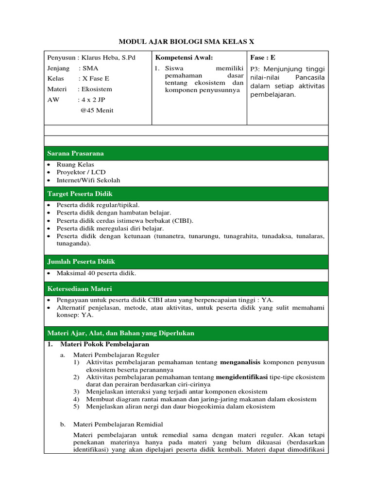 Modul Ajar Ekosistem Biologi Sma Kelas X | PDF | Karier & Perkembangan | Sains & Matematika