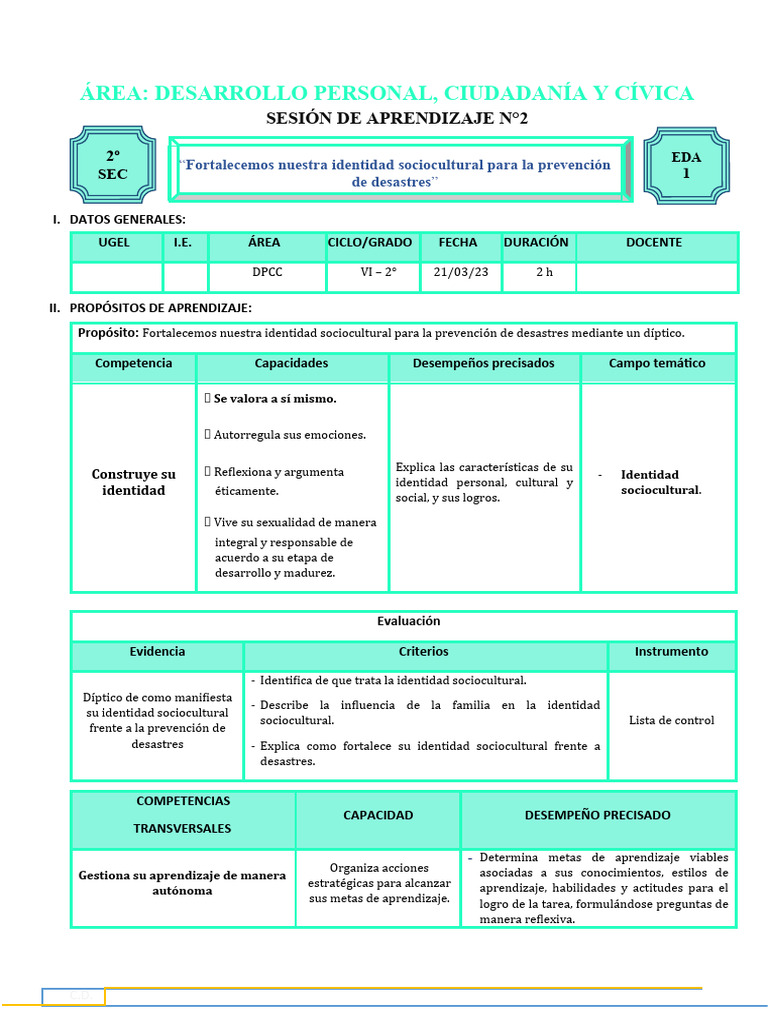 2° Sesión de Aprendizaje Sesión2-Sem.1-Exp.1 - DPCC | PDF | Aprendizaje | Evaluación