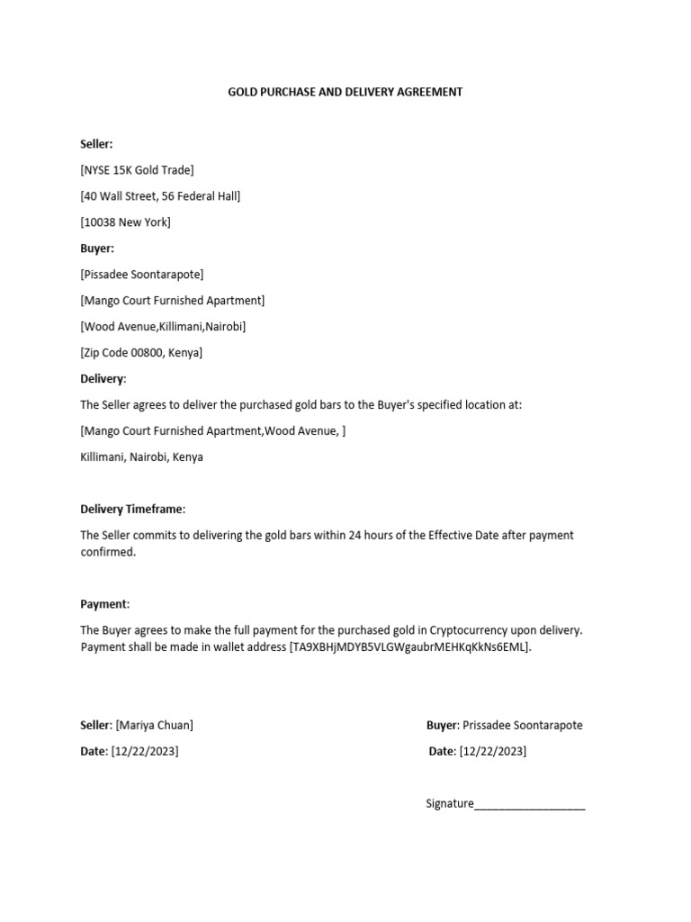 Gold Purchase and Delivery Agreement | PDF