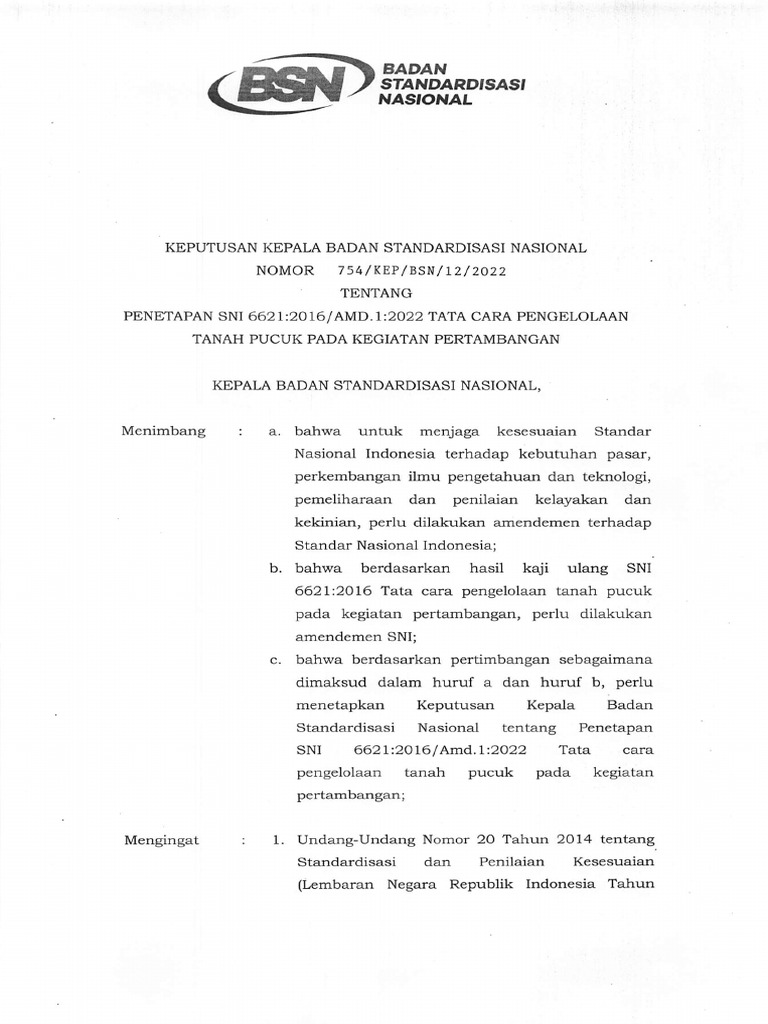 SNI 6621 - 2016 Amd1 - 2022 - Tata Cara Pengelolaan Tanah Pucuk Pada Kegiatan Pertambangan | PDF