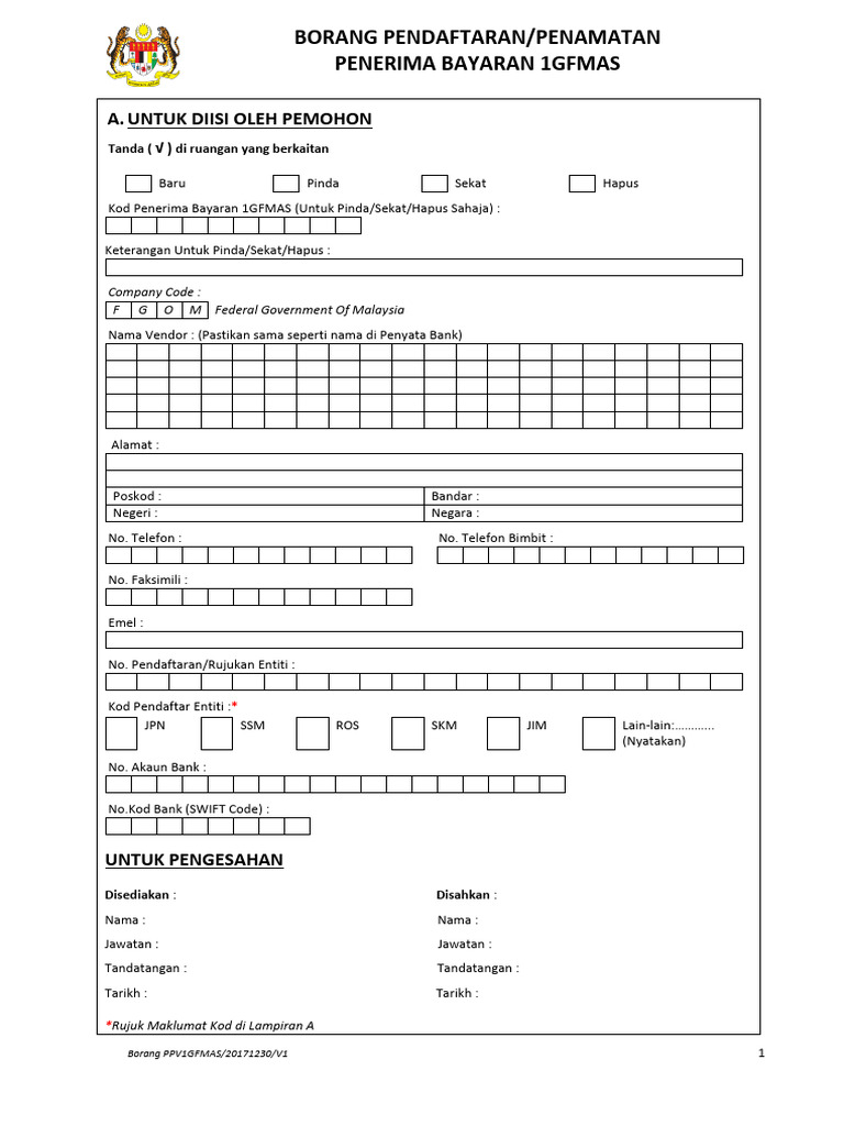Borang Pendaftaran Penamatan Penerima Bayaran 1GFMAS | PDF