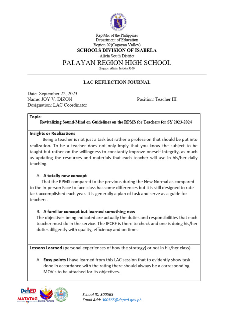 Lac Reflection Journal | PDF | Teachers | Cognitive Science