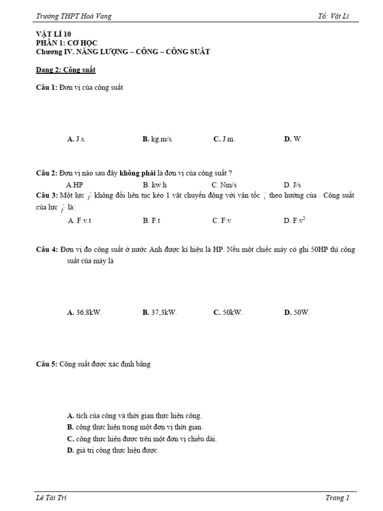 CHƯƠNG 4. ĐỀ-Dạng 2- Công suât | PDF