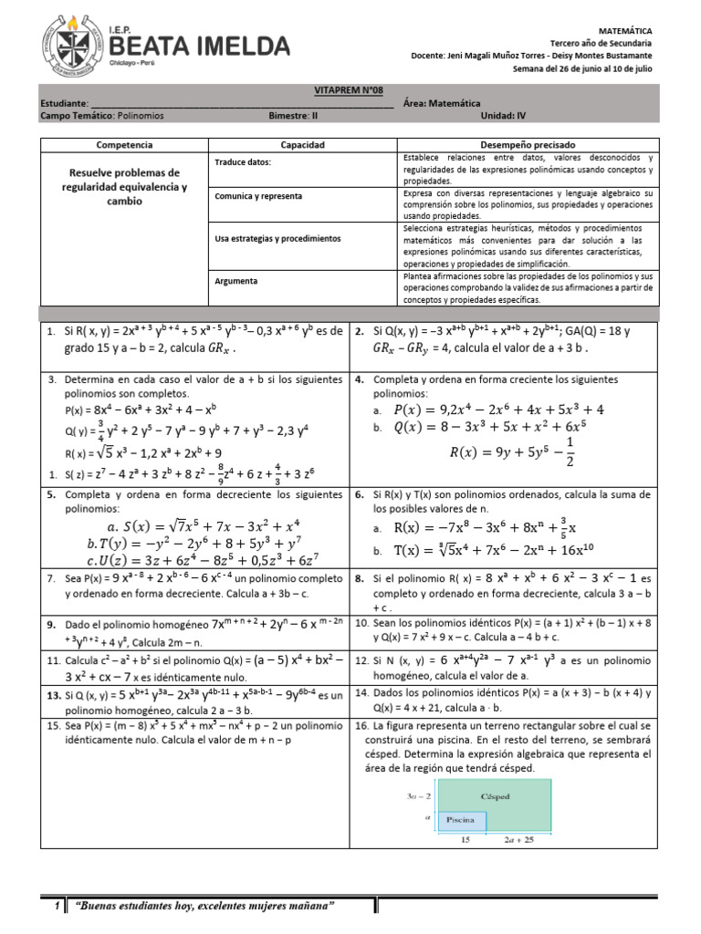 FICHA DE TRABAJO #8 - Polinomios | PDF | División (Matemáticas) | Álgebra abstracta
