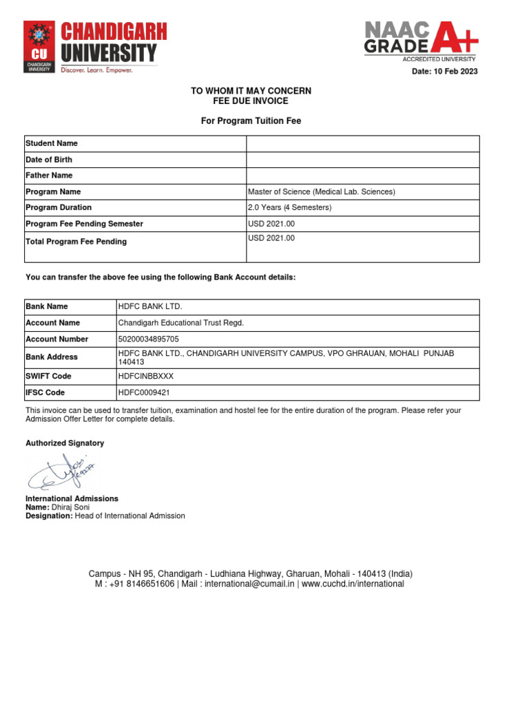 Chandigarh University Invoice | PDF