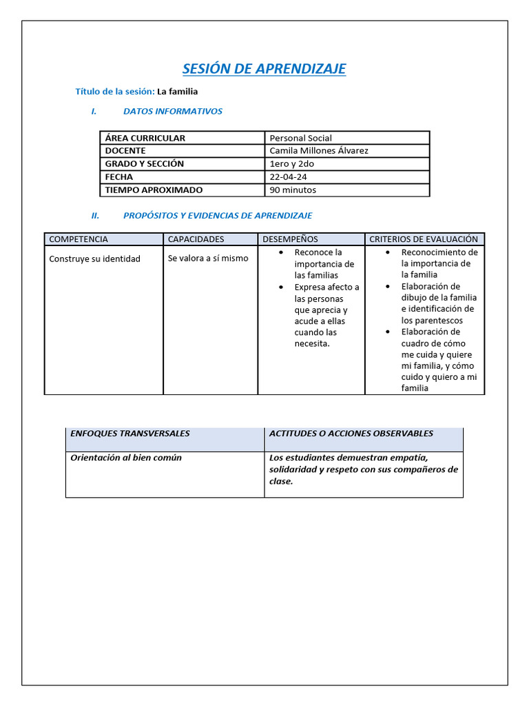 Sesión de Aprendizaje Personal Social 1ero y 2do 22-04-24 La Familia | Descargar gratis PDF ...
