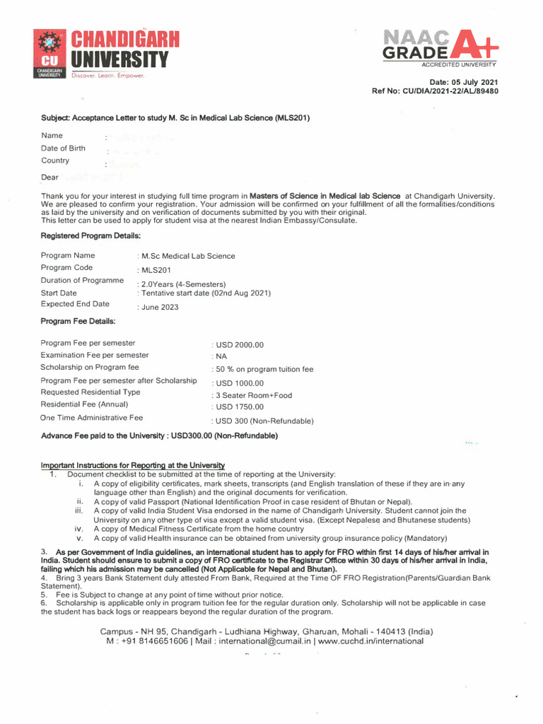 Chandigarh University Admission Letter | PDF | Travel Visa