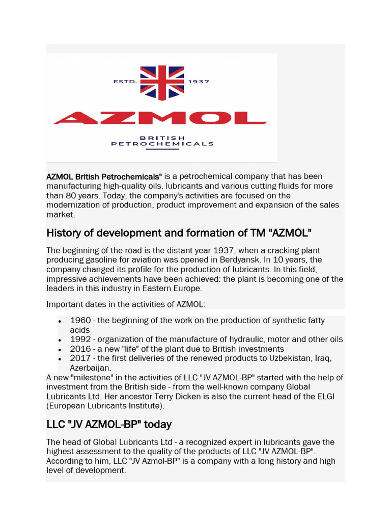 AZMOL British Petrochemicals | PDF | Lubricant | Economies