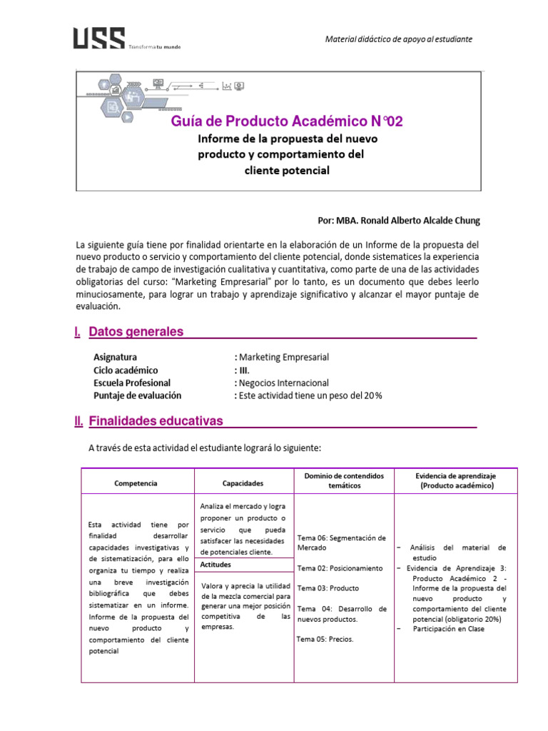 Guía de Producto Académico 02 - MKT EMP. | Descargar gratis PDF | Marketing | Evaluación