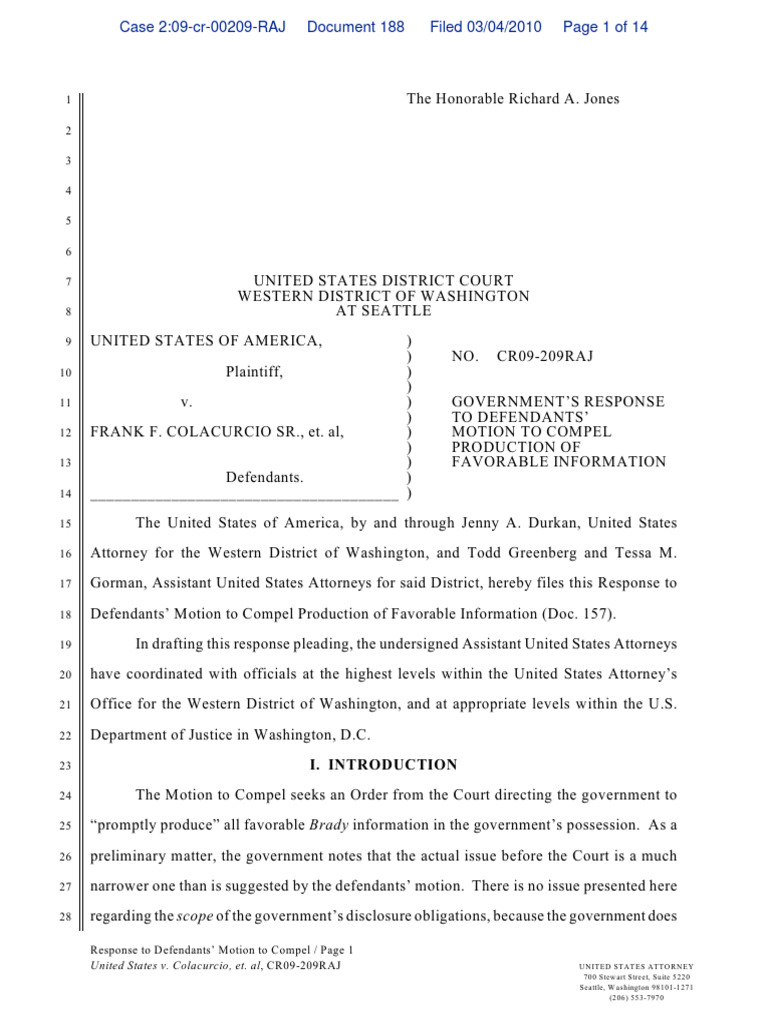 Gov't Response To Brady Motion and Court's Order | PDF | Discovery (Law ...